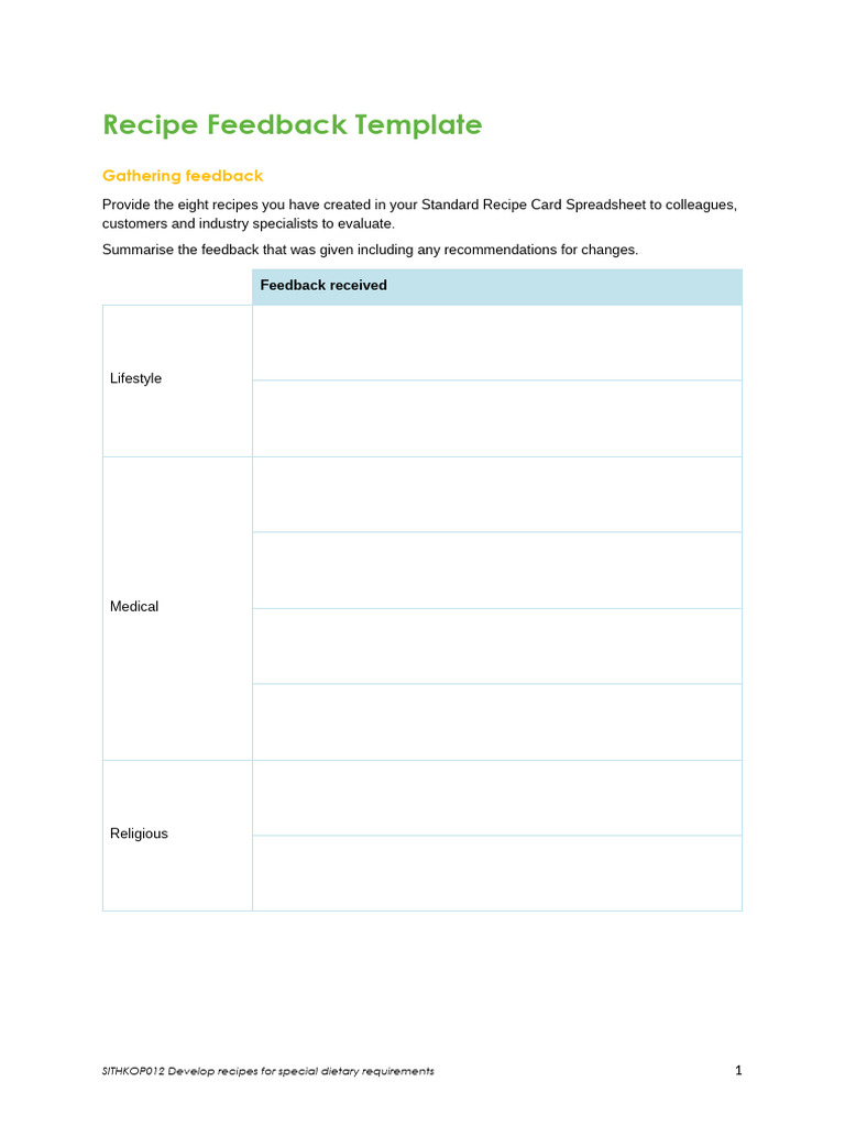 Recipe Feedback Collection Template | PDF