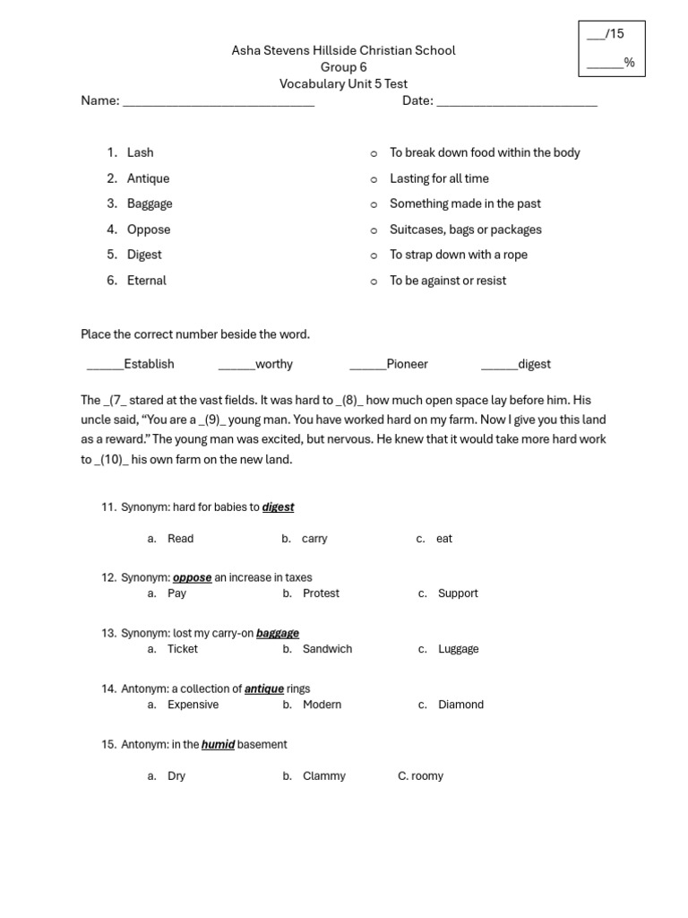 Vocabulary Unit 5 Test | PDF
