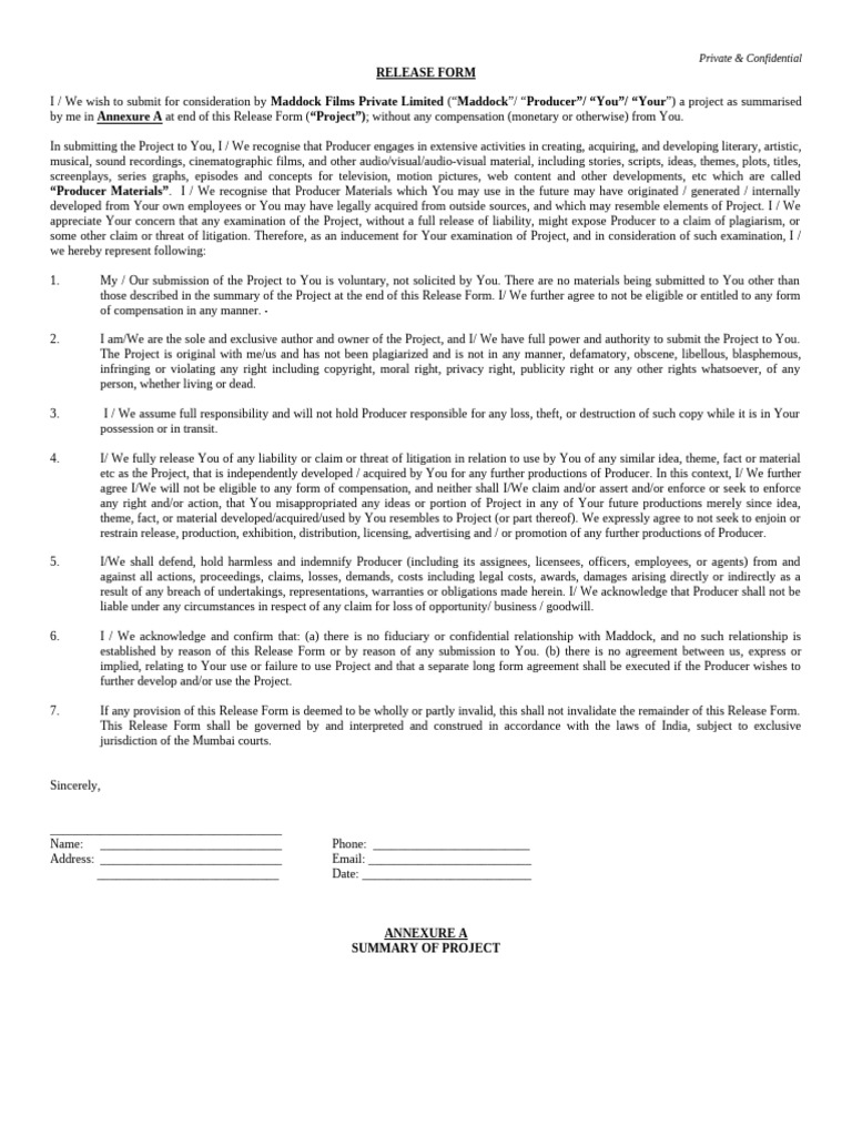 Maddock Films Project Release Form | PDF | Indemnity | Common Law