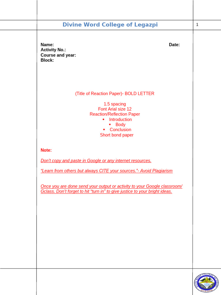 Reaction Paper Format Guidelines | PDF