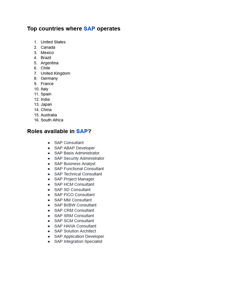 SAP Operations by Country and Roles | PDF