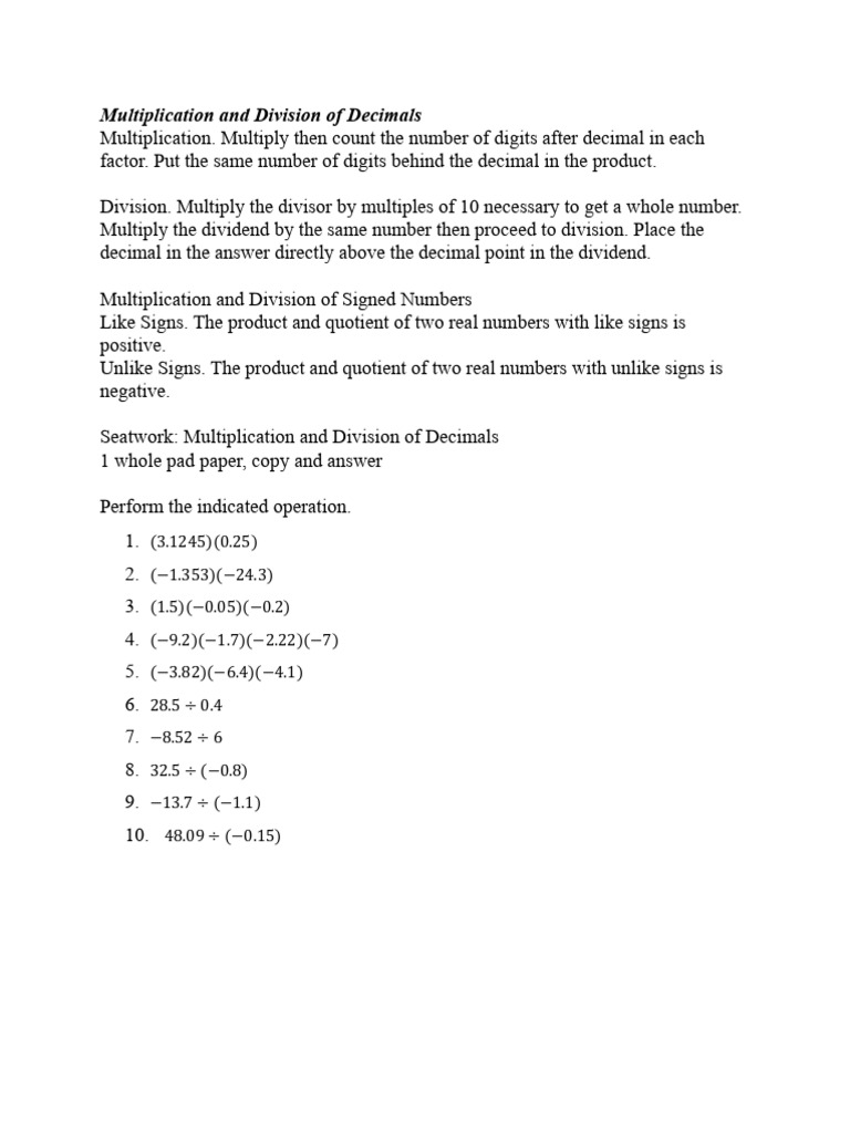 Seatwork Multiplication and Division of Decimals | PDF