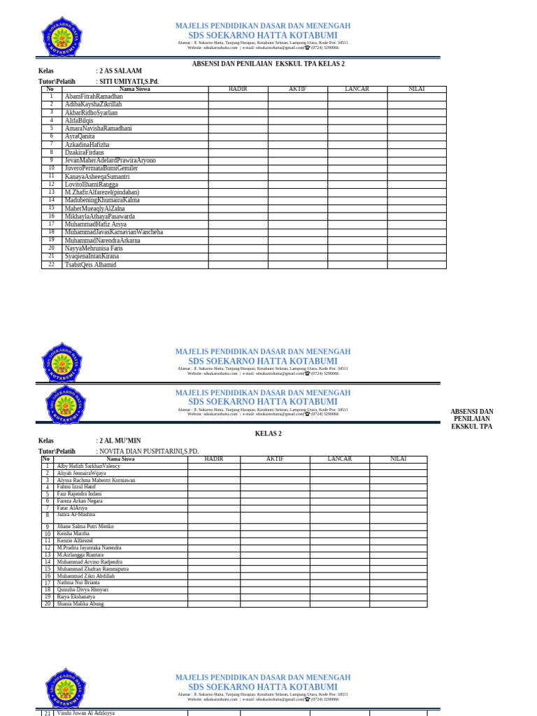 Absen Ekskul Wajib Tpa Kelas 2 Fiixe3 | PDF
