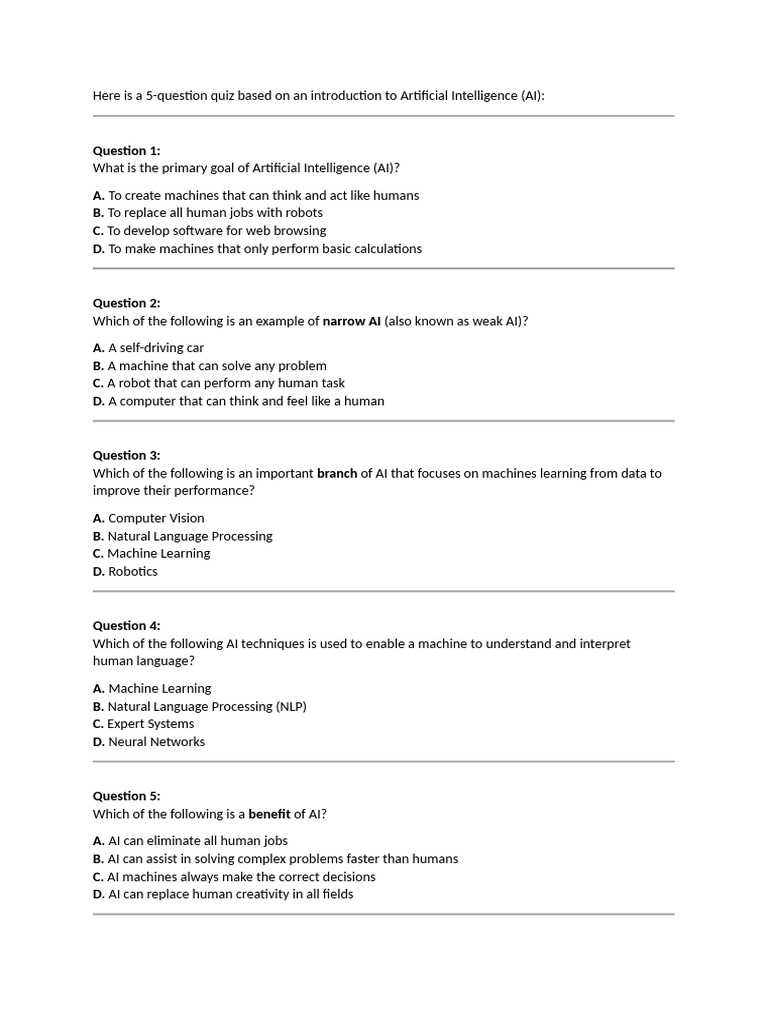 Ai Unit 1 Quiz Questions | PDF | Artificial Intelligence | Intelligence ...