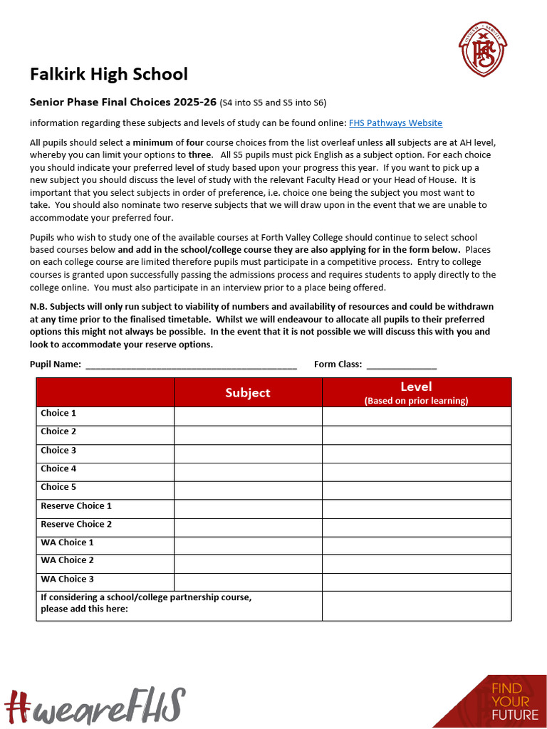 S4 & S5 Option Form 2025-26 | PDF