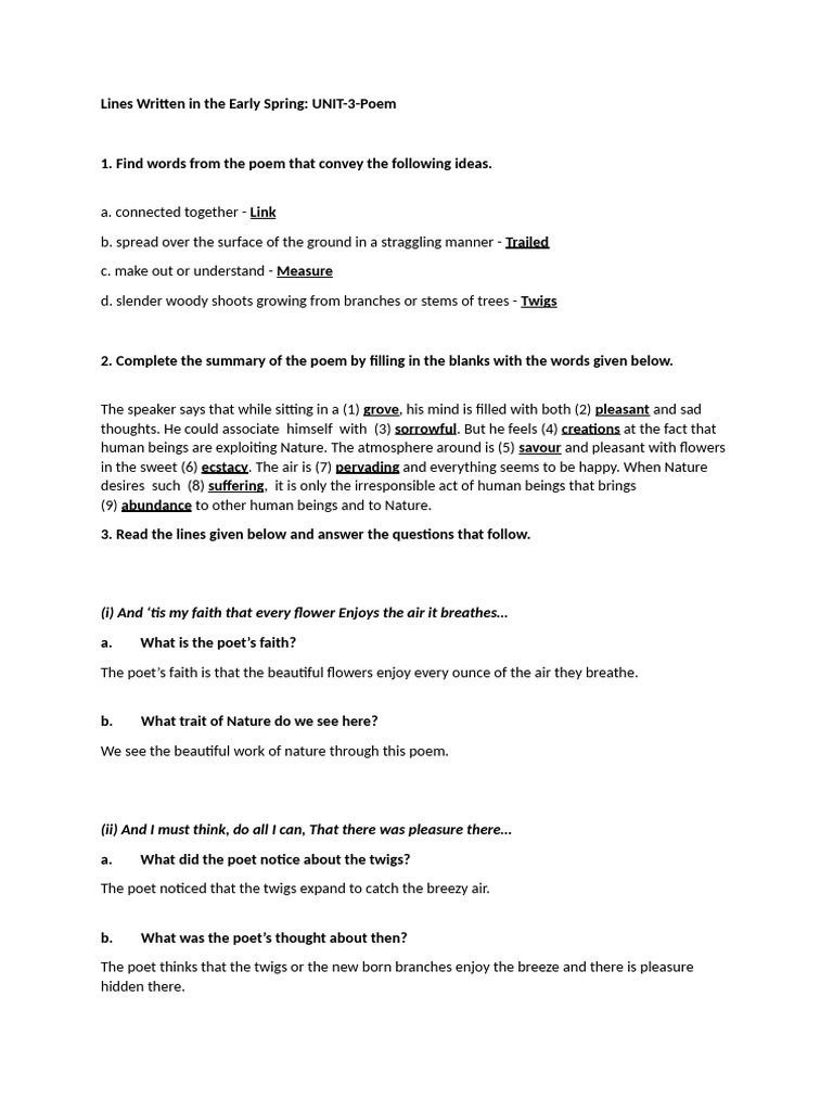 Lines Written in the Early Spring-Unit 3 Poem(11) | PDF | Water | Pleasure