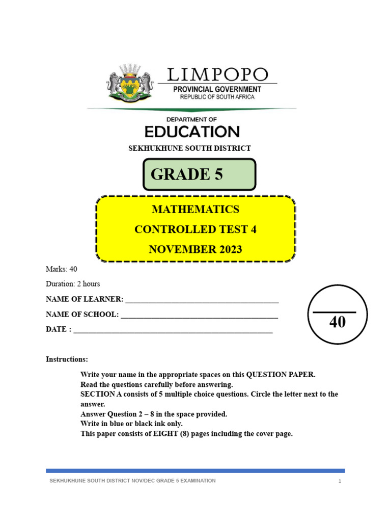 MATHS GRADE 5 Term 4 Test | PDF | Multiple Choice