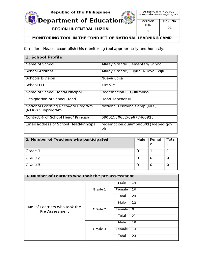 National Learning Camp Monitoring Tool | PDF | Teachers | Learning