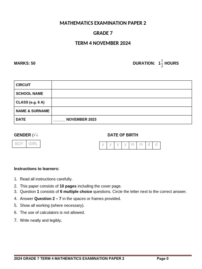 Grade 7 Mathematics Examination Paper 2 Term 4 2024 | PDF | Shape ...