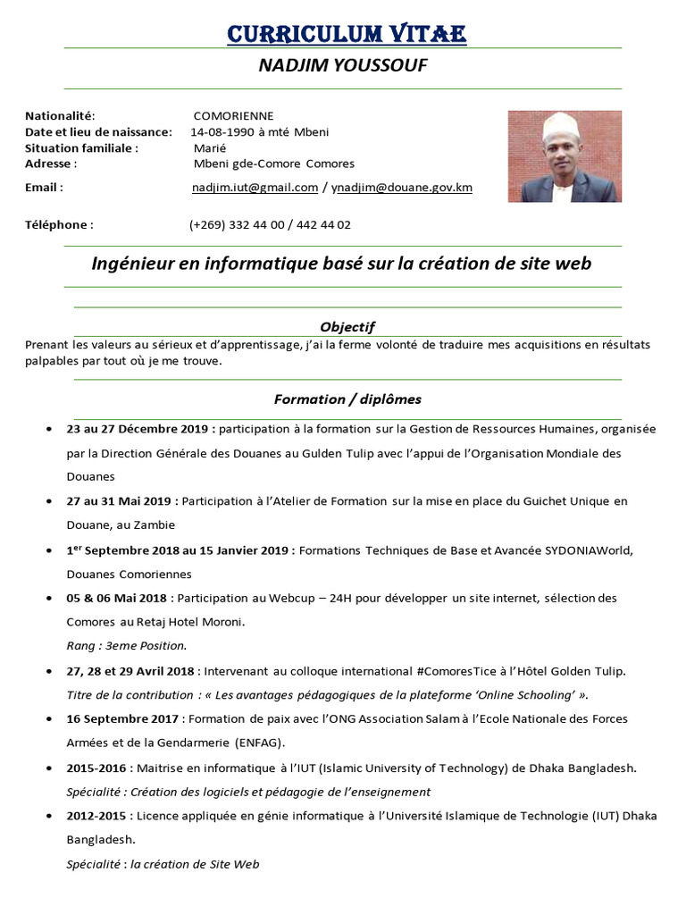 CV d'Ingénieur Informatique Comorien | PDF | Internet | Internet et Web