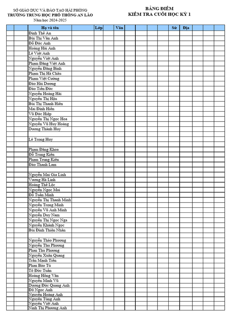 Bang Diem Khoi 11 - Cuoi HK1 | PDF
