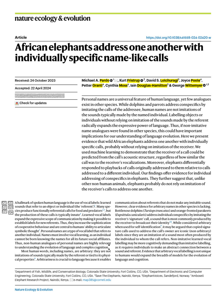 Nature-Ecology-Evolution-Article | PDF | Imitation | Elephant