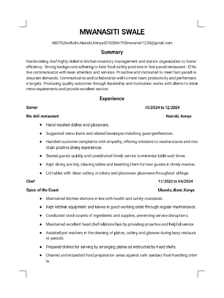 MWANASITI SWALE Carriculum Vitae - Phoenix | PDF