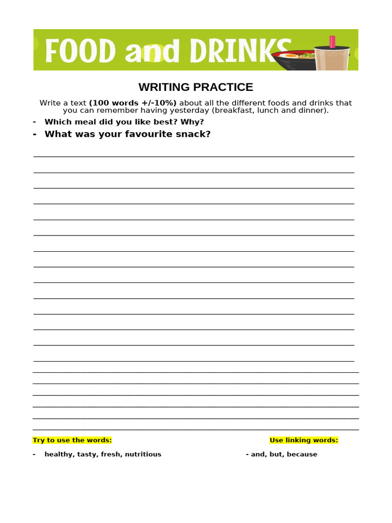 Writing Practice Fooddrinks | PDF