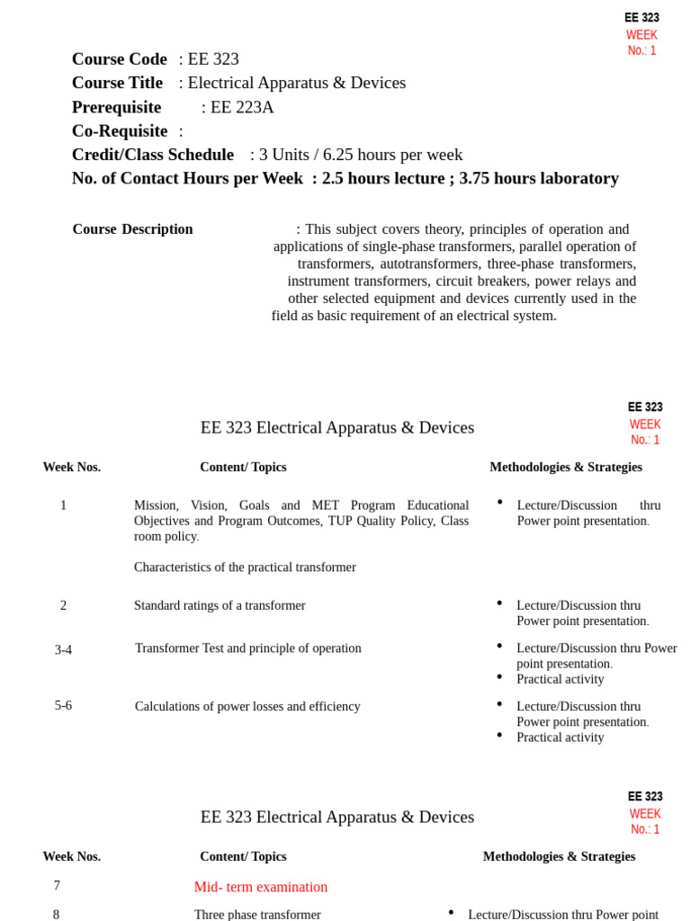 EE 323 - Electrical Apparatus & Devices - Week 1 | PDF | Transformer ...