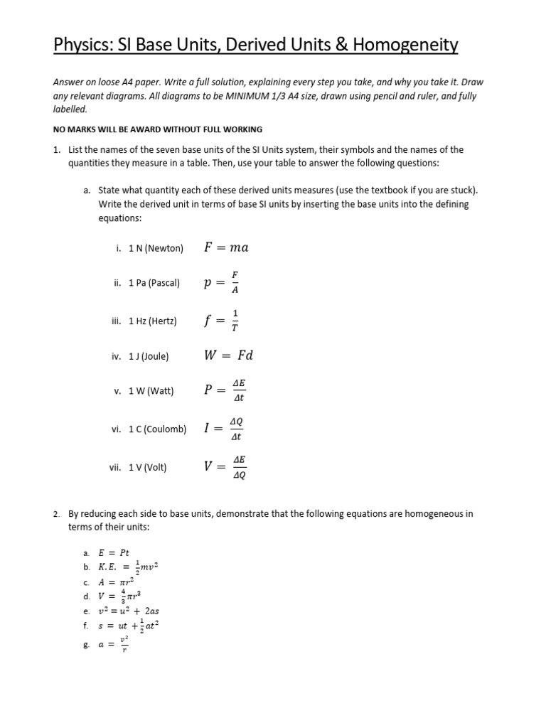 SI Units - Homogeneity Worksheet | PDF
