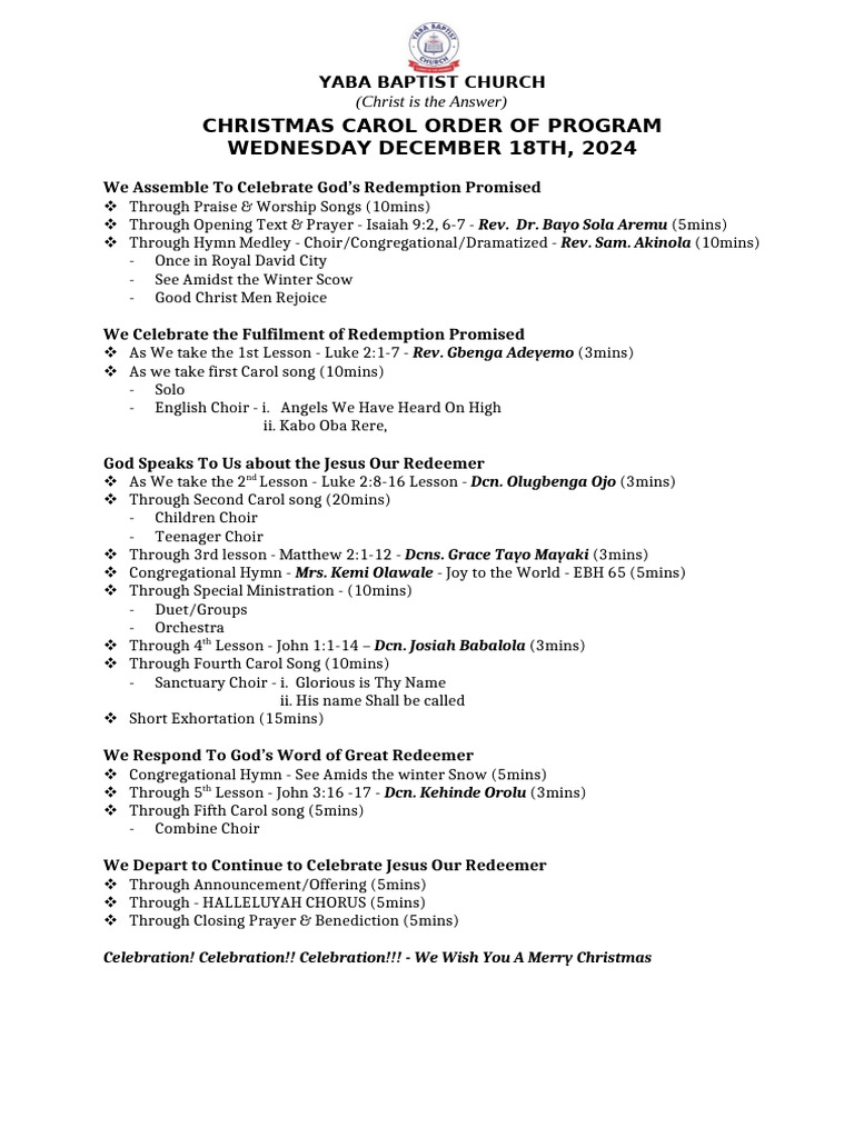Christmas Carol Order of Program For Wednesday 18TH, 2024 | PDF