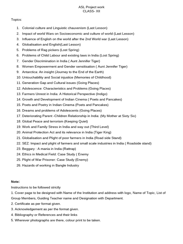ASL Project Work - Xii | PDF