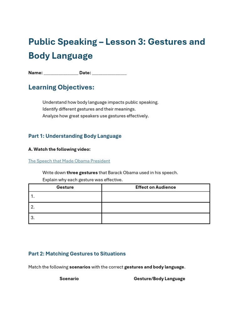 Public Speaking - Lesson 3 Gestures and Body Language | PDF