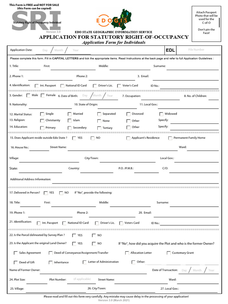 01 Land Application SRIv3.0 Statutory Right Occupancy Individual | PDF ...