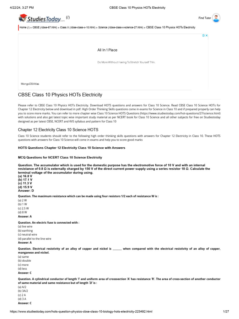 Class 10 Physics HOTs on Electricity | PDF | Electrical Resistance And ...