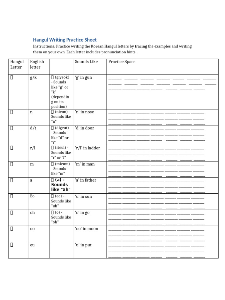 Hangul Writing Practice Sheet Structured | PDF | Korea | Languages Of China
