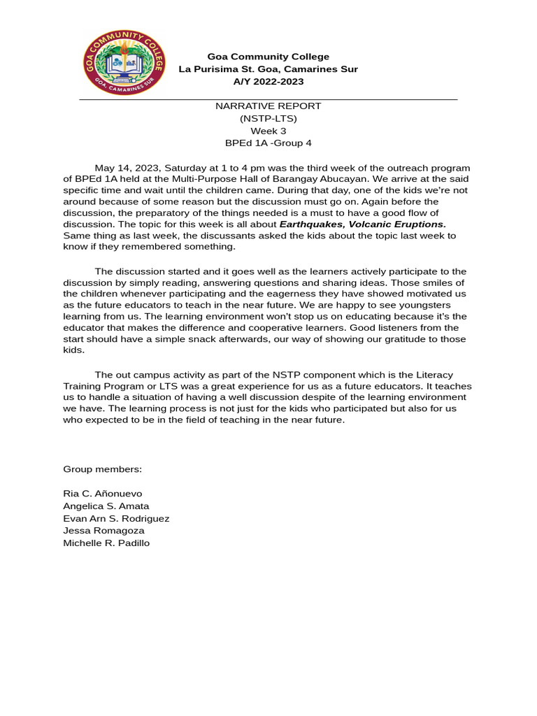 LTS-NARRATIVE_REPORT_WEEK_3 | PDF