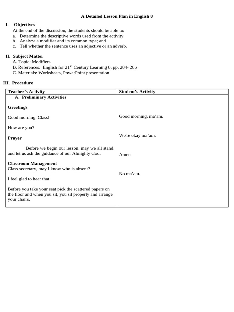 A Detailed Lesson Plan in English 8 | PDF