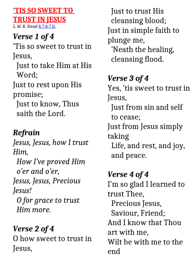 Sweet Trust in Jesus Hymn Lyrics | PDF