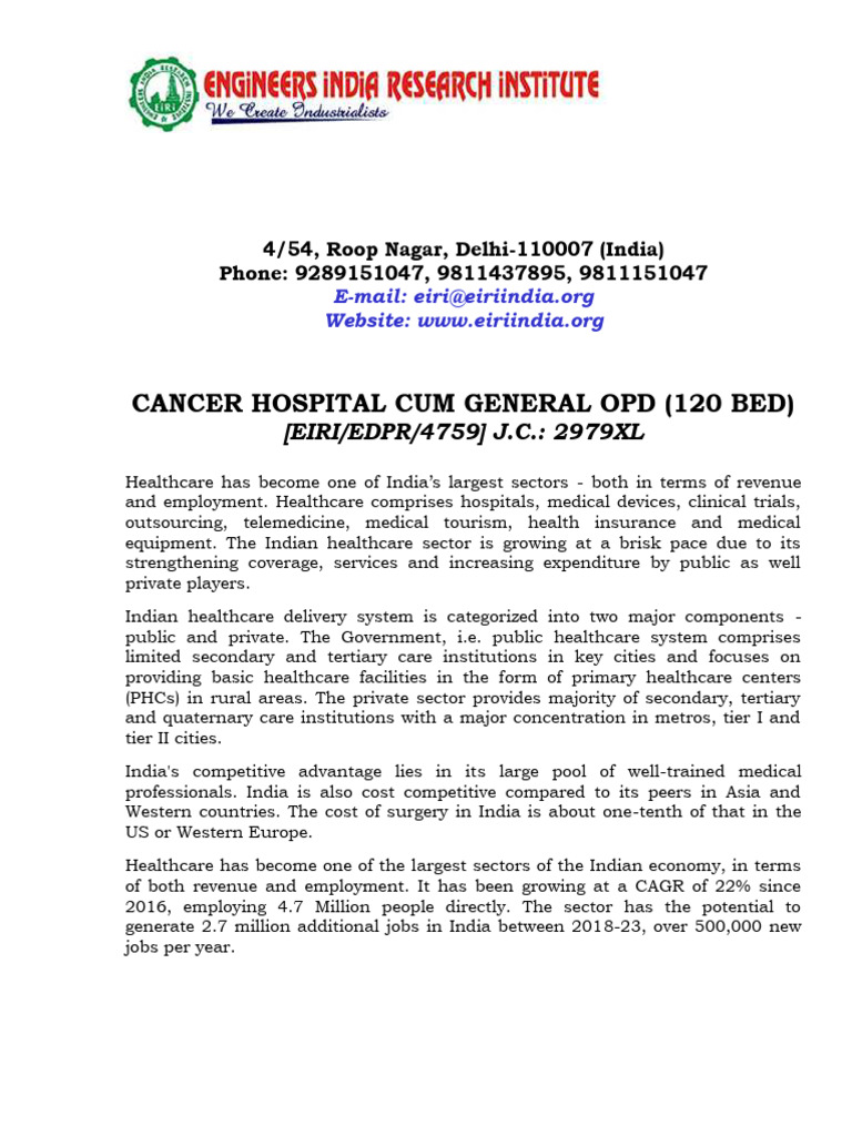 Project Report On CANCER HOSPITAL CUM GENERAL OPD (120 BED) | PDF ...