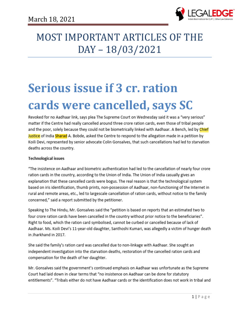 Serious Issue If 3 Cr. Ration Cards Were Cancelled, Says SC: Most ...