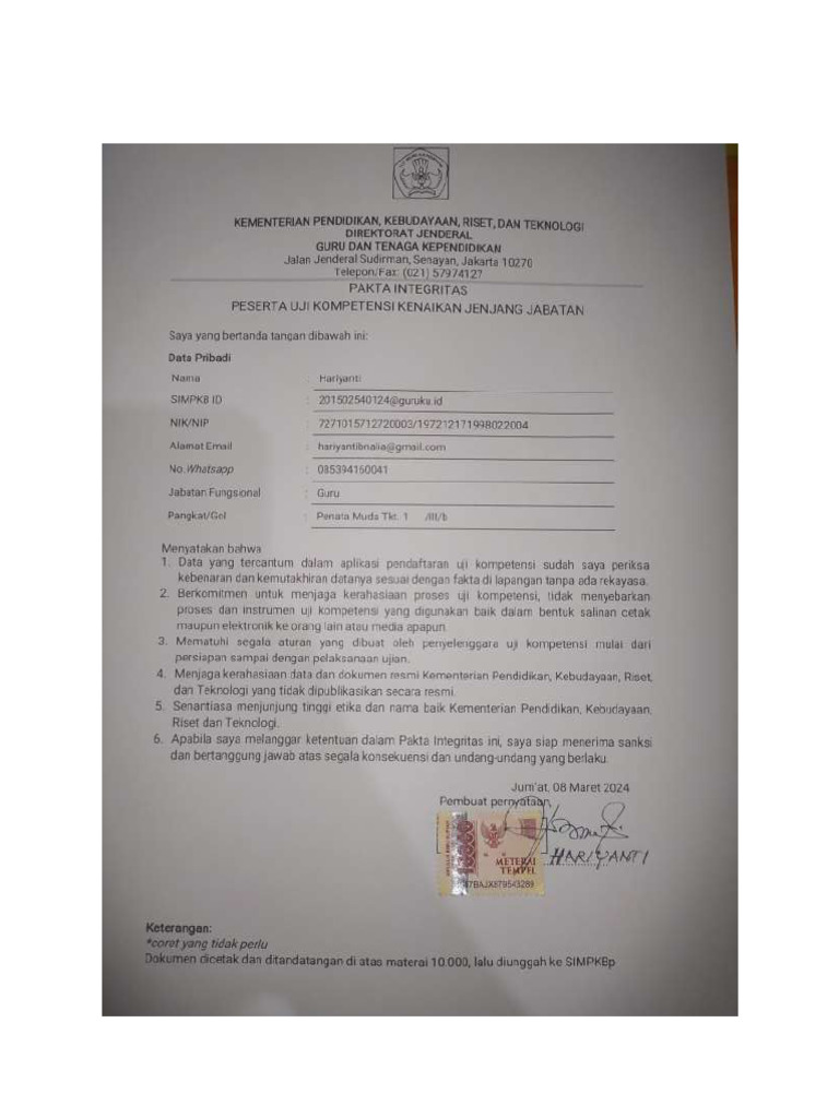 Pakta Integritas Uji Kompetensi | PDF