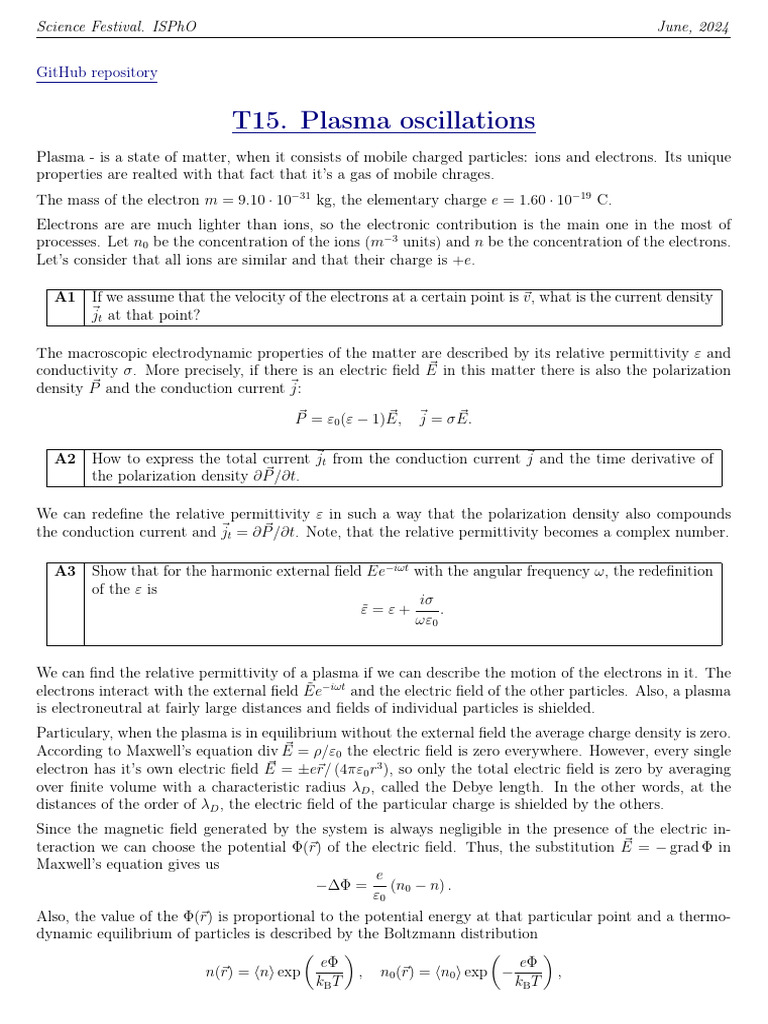 ISPhO 2024 Science Festival Plasma | PDF | Plasma (Physics) | Electron