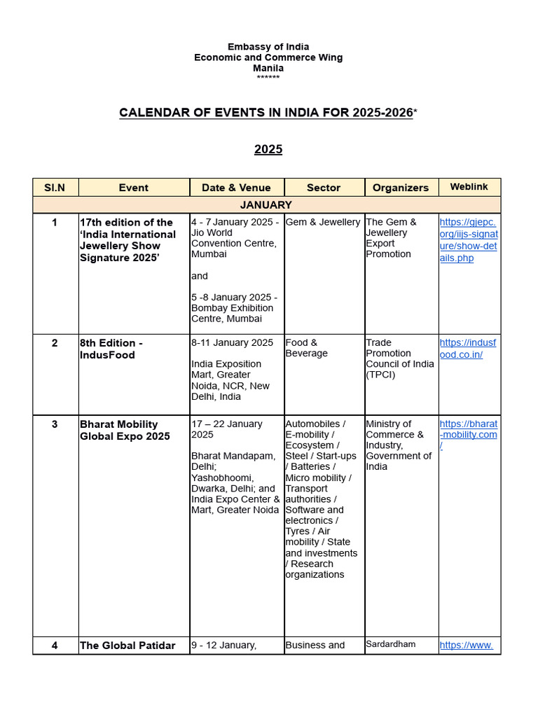 India Events Calendar 2025-2026 | PDF