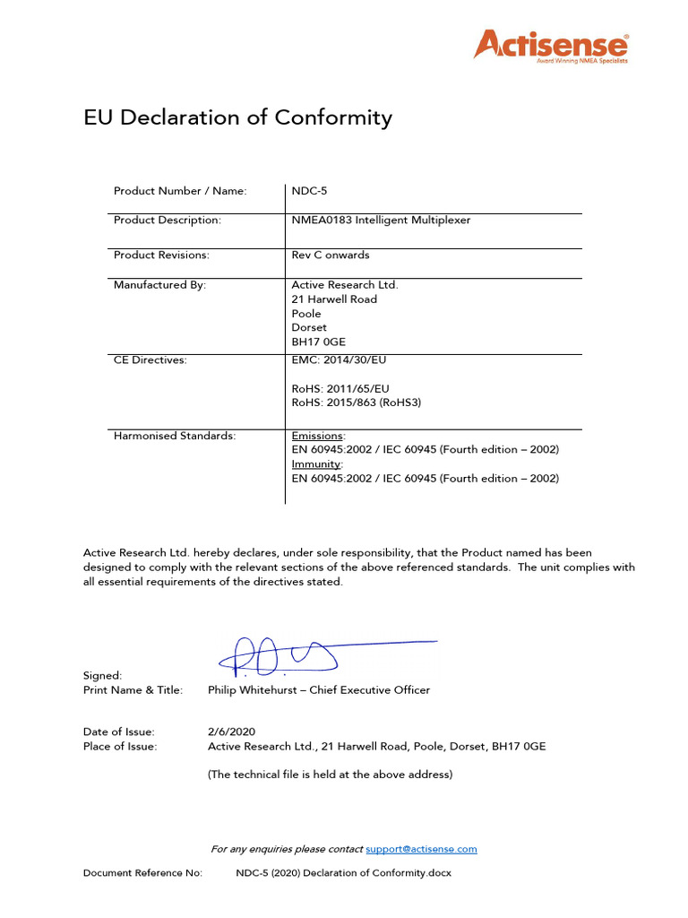 NMEA Multiplexer NDC-5 - Declaration of Conformity | PDF