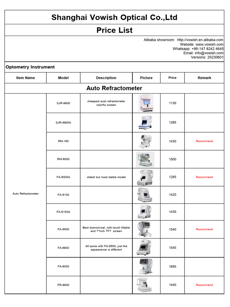 Price List Optometry Ophthalmic 202406 | PDF | Camera | Rechargeable Battery