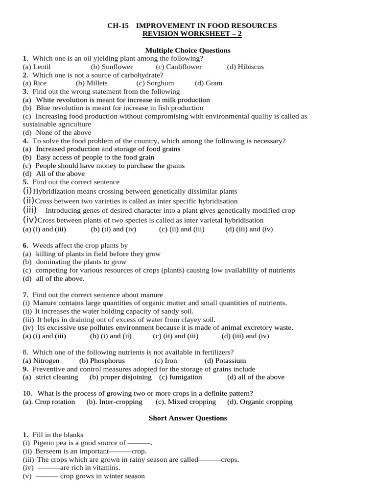 Food Resources Improvement Worksheet | PDF | Manure | Crops