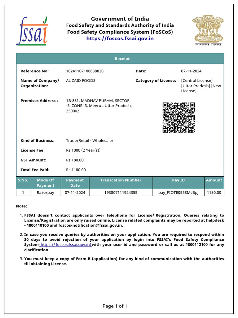 Al Zaid Fssai Receipt | PDF