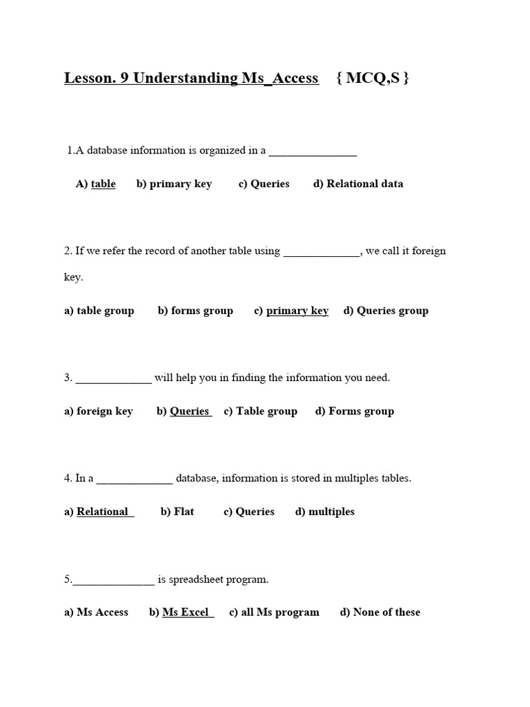 MS Access MCQs for Beginners | PDF