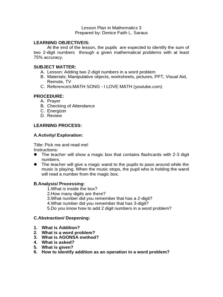 2-Digit Addition Lesson Plan | PDF | Mathematics | Lesson Plan