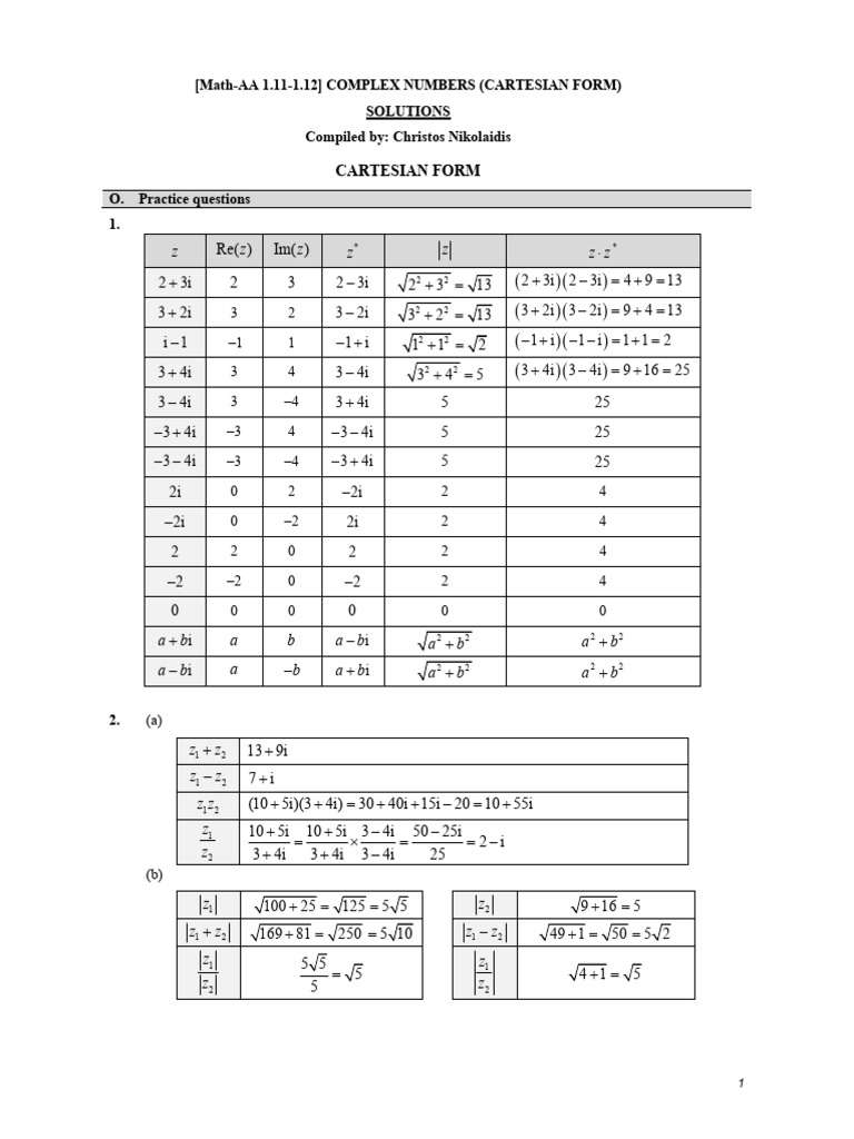 (Math-AA 1.11-1.12) COMPLEX NUMBERS (CARTESIAN FORM) - Solutions | PDF ...