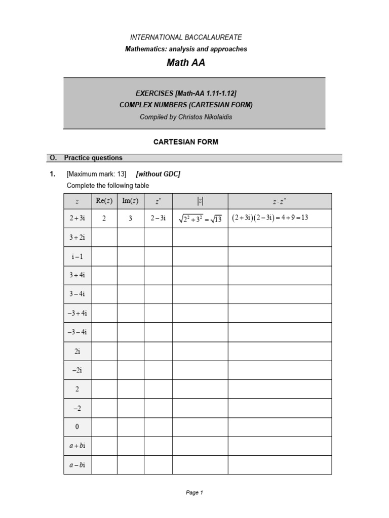 [Math-AA 1.11-1.12] COMPLEX NUMBERS (CARTESIAN FORM) | PDF | Equations ...