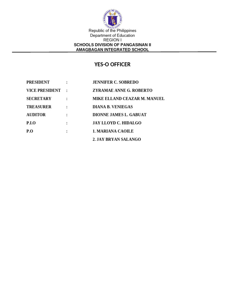 Amagbagan Integrated School YES-O Officers | PDF