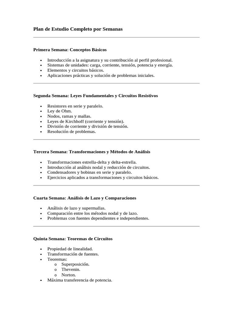Plan de Estudio Completo Por Semanas | PDF | Red eléctrica ...