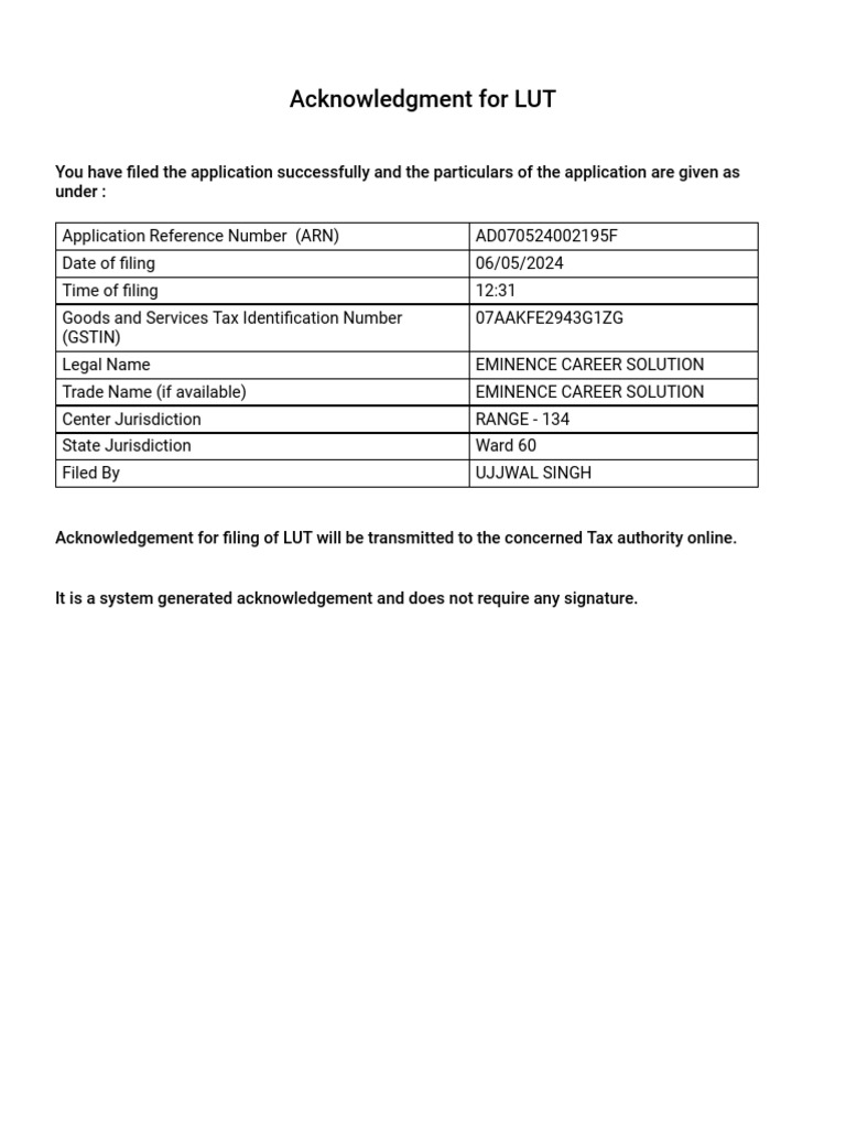 LUT Application Acknowledgment Details | PDF