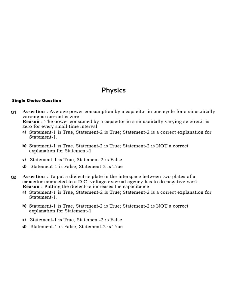 JEE PCM Assertion Reason Test Questions | PDF | Force | Photoelectric ...