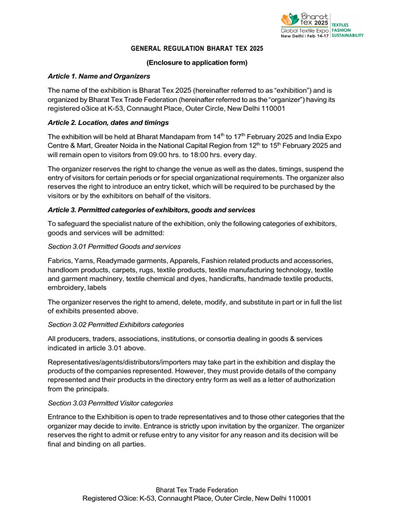 General Rules Regulation Bharat Tex 2025 Ver.0.1 | PDF | Textiles ...