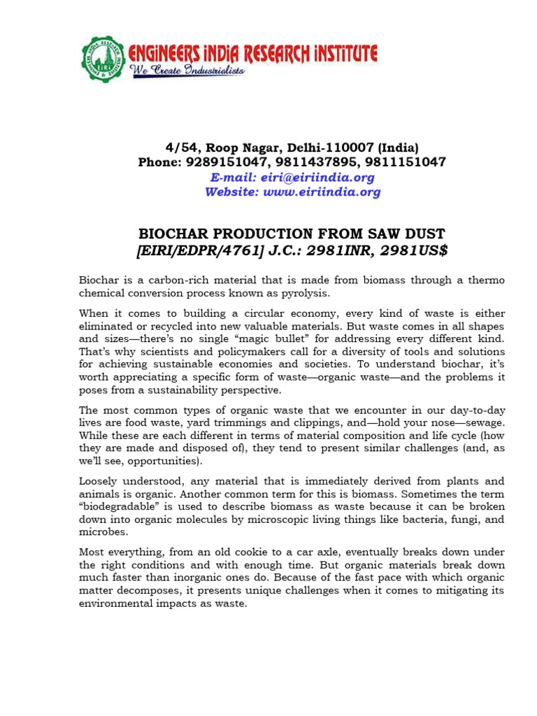 Project Report On BIOCHAR PRODUCTION FROM SAW DUST | PDF | Pyrolysis ...