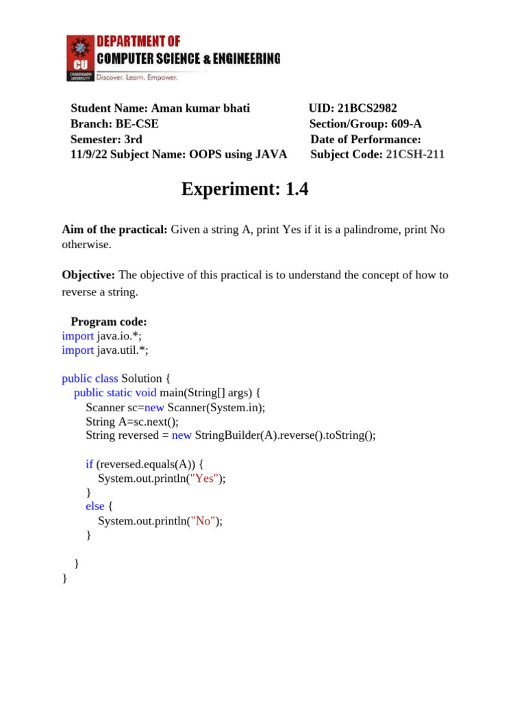 Palindrome Check in Java: Experiment 1.4 | PDF