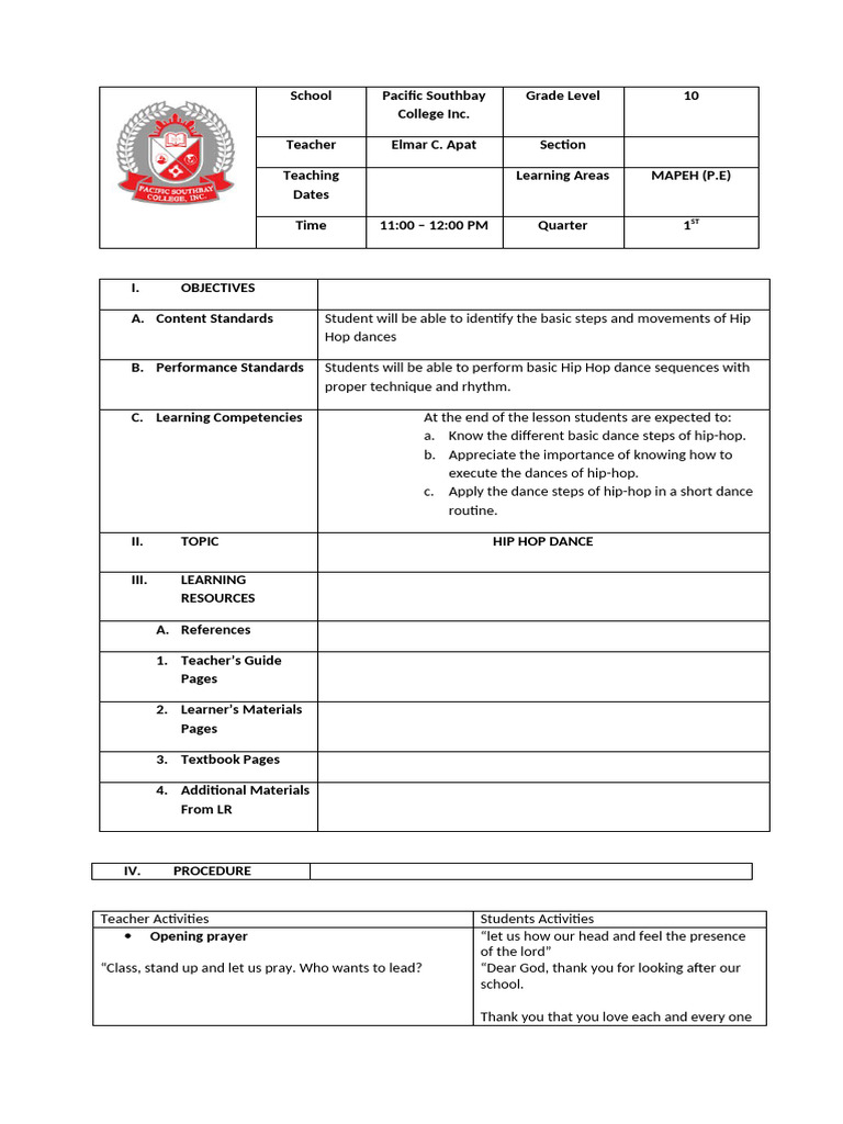 Hip Hop Dance Lesson Plan for Grade 10 | PDF | Musical Subcultures ...